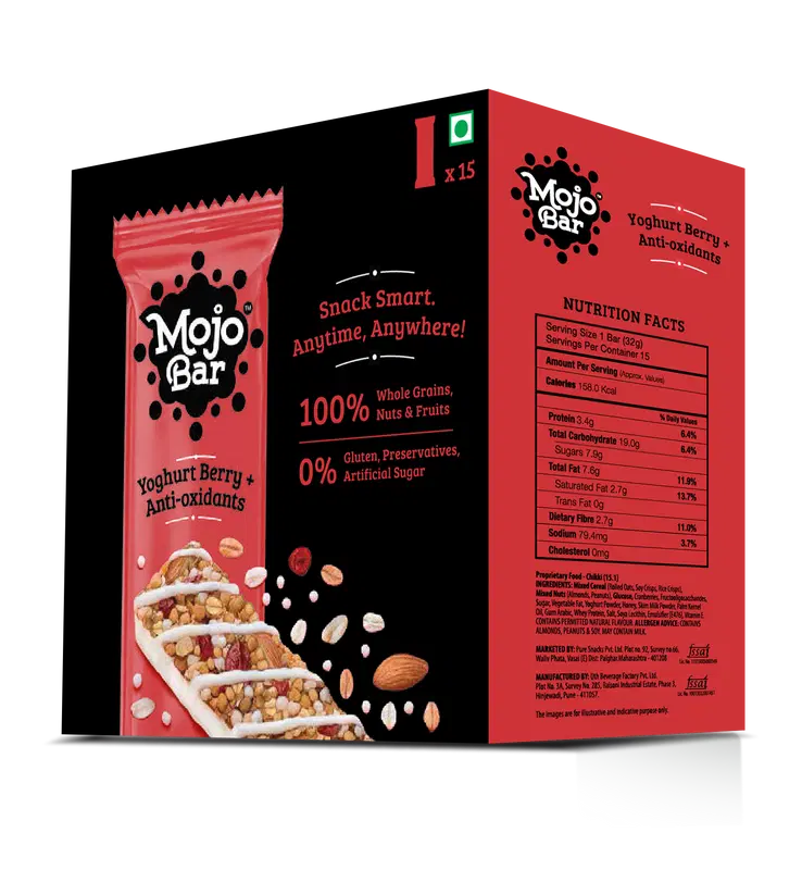 Mojo Bar Yoghurt Berry Anti Oxidant Snack Bar, 32 Gm (Pack of 15)