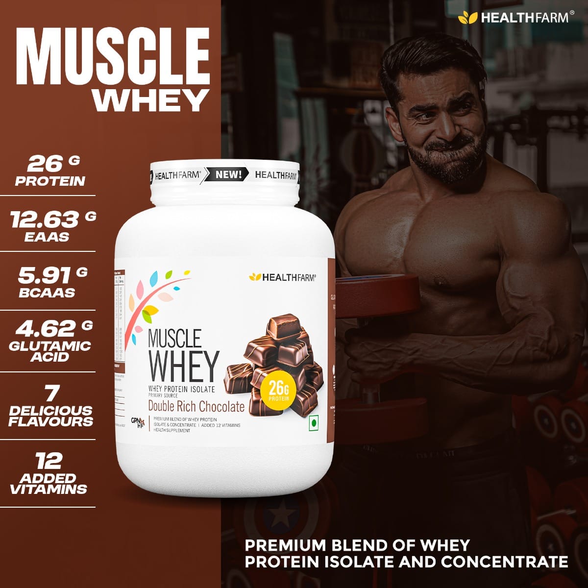 Healthfarm Muscle whey Double Rich Chocolate 2kg + Creatine 100gms Combo