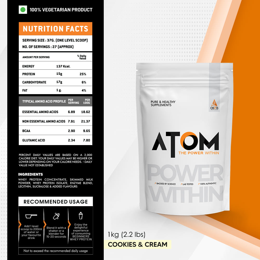 AS-IT-IS ATOM Beginners Whey Protein 1kg | Cookies and Cream | 27 ...