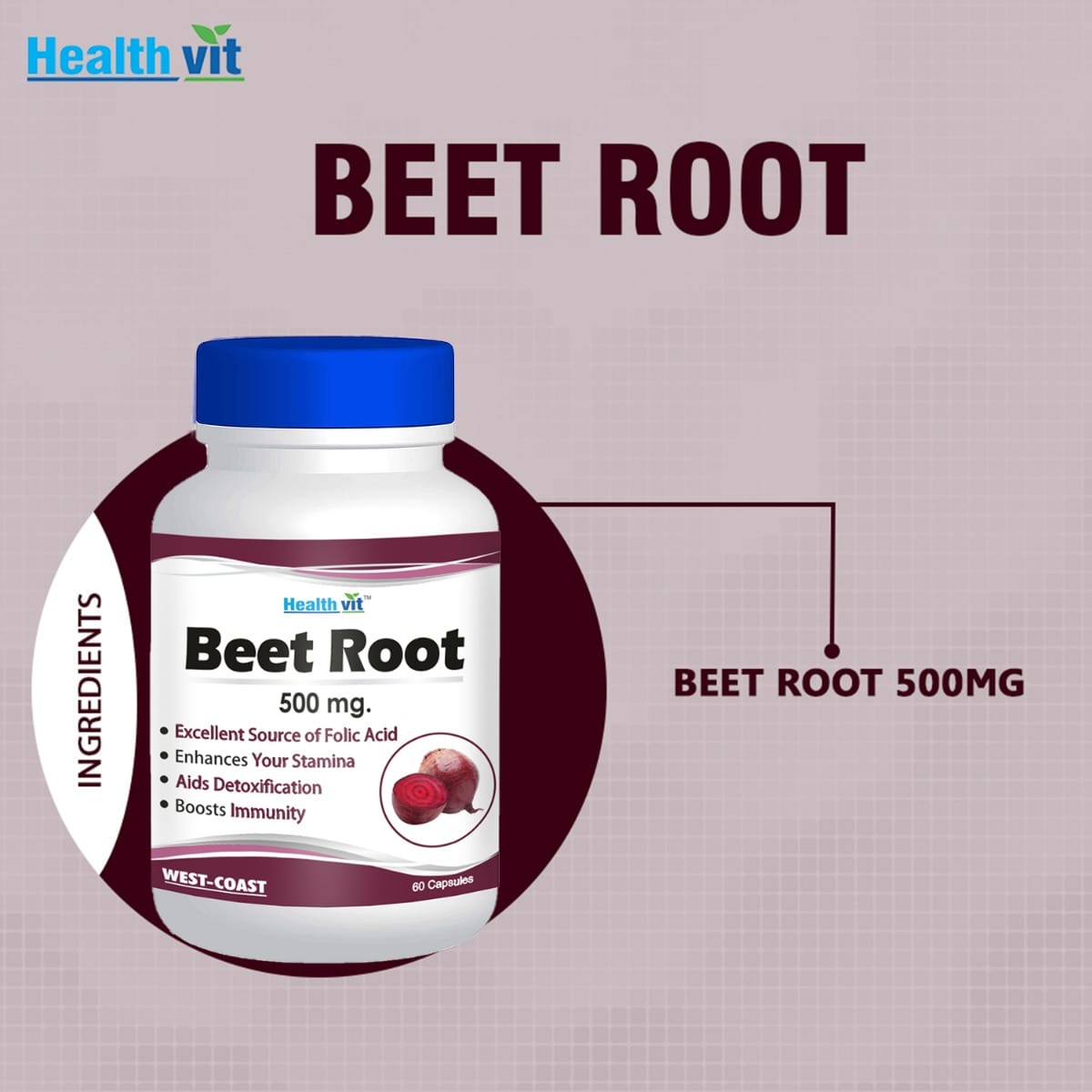 Healthvit Beet Root 500 mg 60 Capsules For Immunity Booster