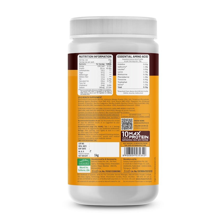 RiteBite Max Protein Plant Protein Powder Alphonso Mango 1kg| 25g ...