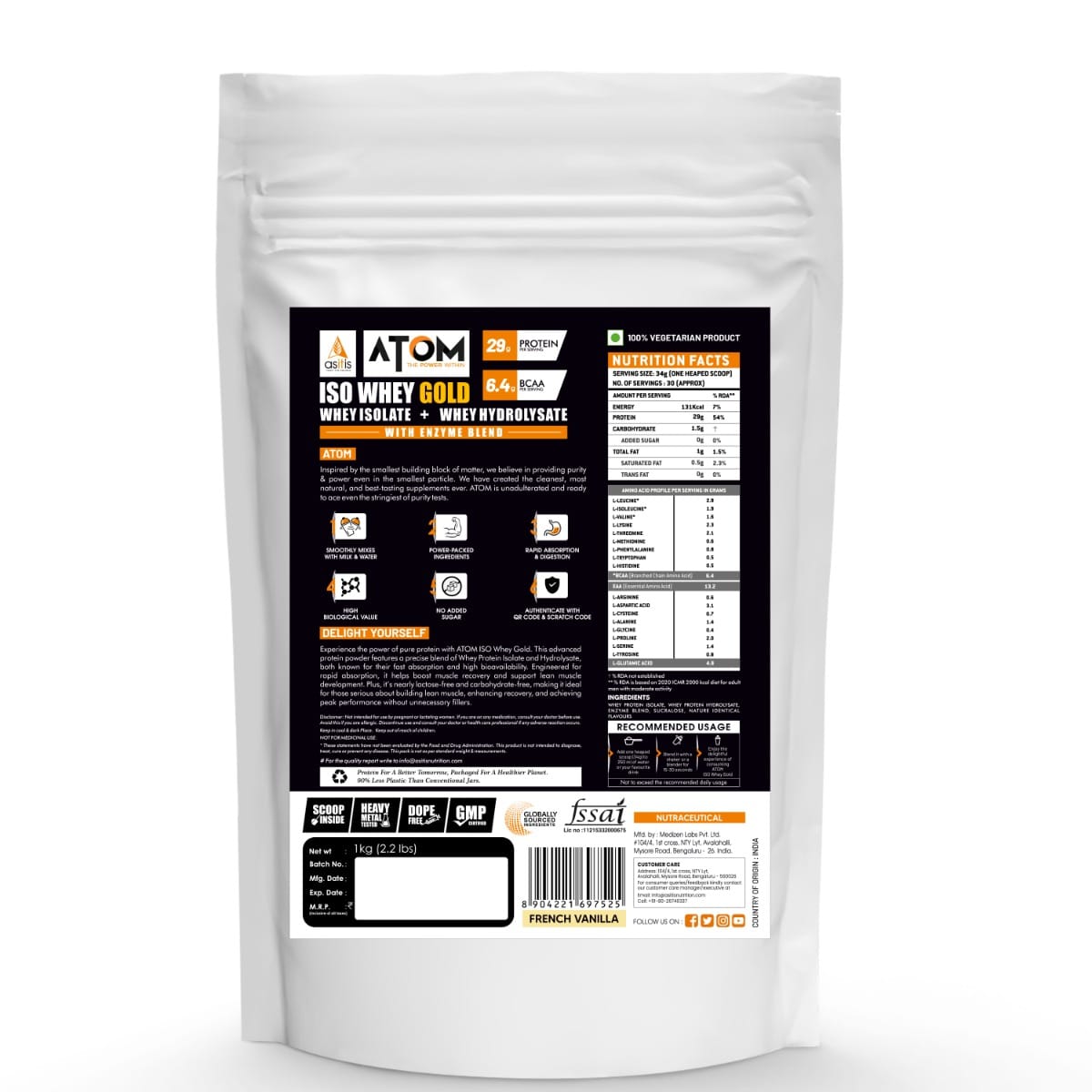 AS-IT-IS ATOM ISO Whey Gold 1kg | French vanilla | 80 Servings | 29g ...