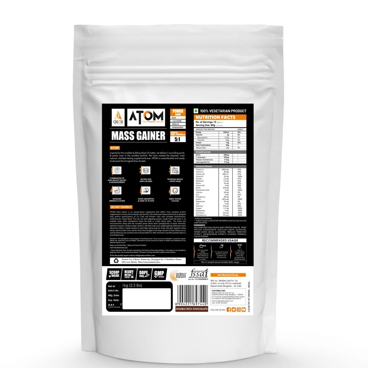 AS-IT-IS ATOM Mass Gainer 1 Kg | Pack of 13 servings | 5:1 Carb-Protein ...
