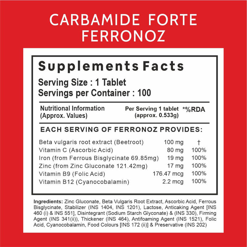 Carbamide Forte Chelated Iron + Vitamin C, B12, Folic Acid & Zinc - 100 ...