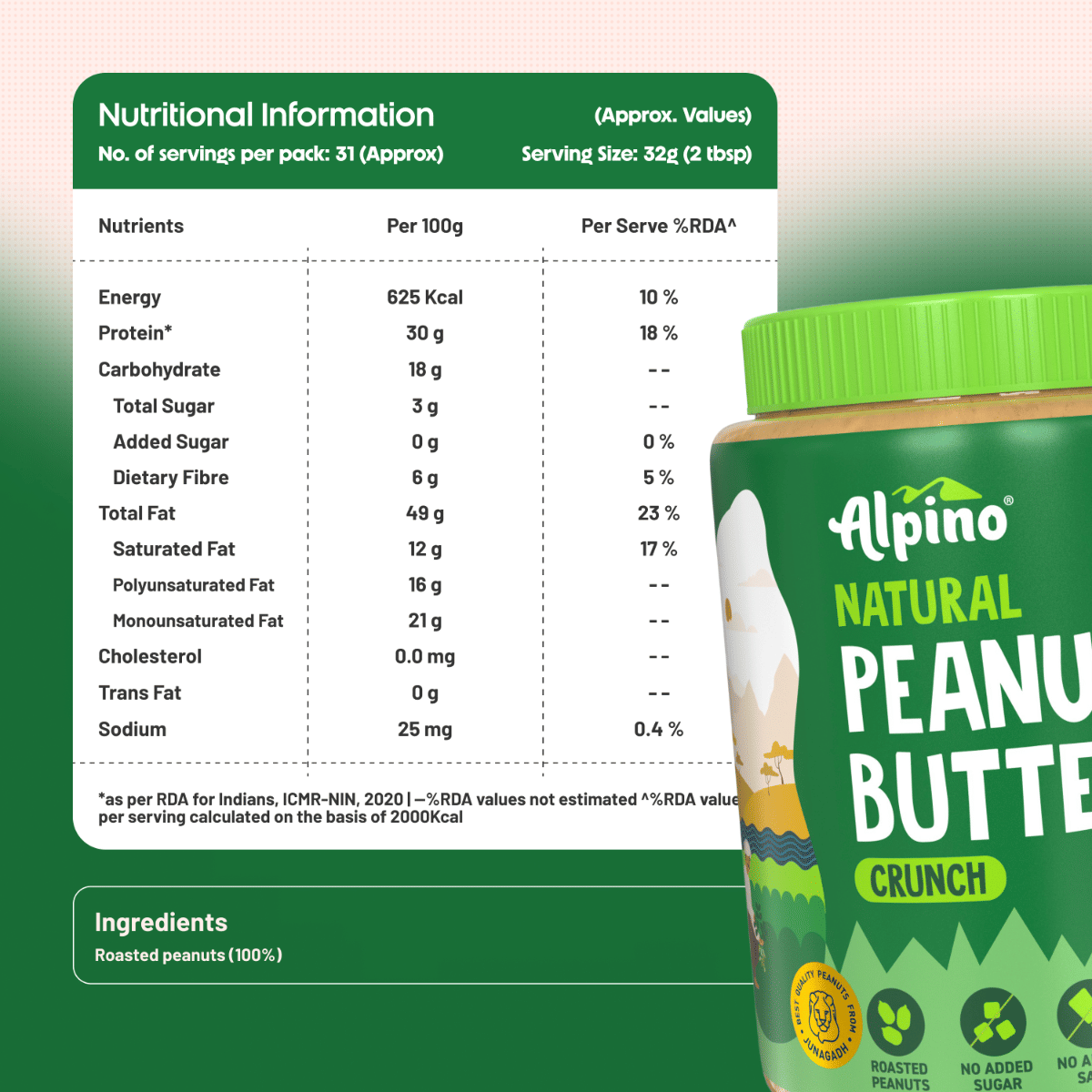 ALPINO 30g High Protein Natural Peanut Butter Crunch 2kg (1kg, Pack of ...