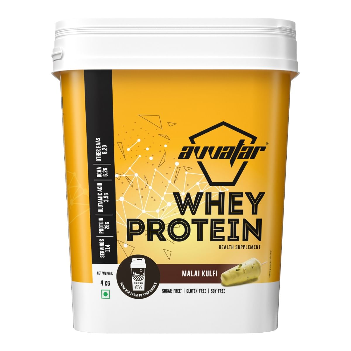 Avvatar Whey Protein 4kg | Malai Kulfi | 114 Servings | 28g Protein | Sugar free | Gluten free ...