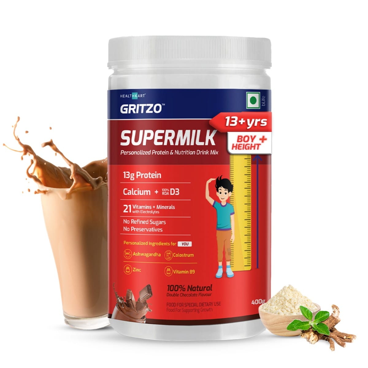 Gritzo Supermilk Height+(13+Y Boys),13G Protein Powder With Zero ...