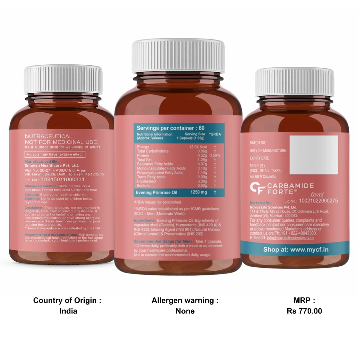 Carbamide Forte Evening Primrose Oil Capsules 1250mg - 100% Pure & Cold ...