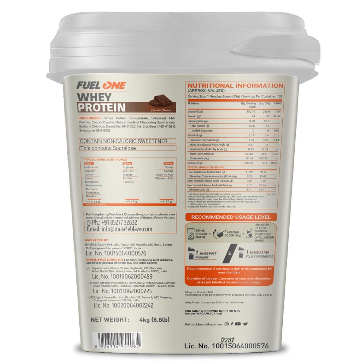 MuscleBlaze MB Fuel One 4kg | 102 Servings | Chocolate Flavour | 24g ...