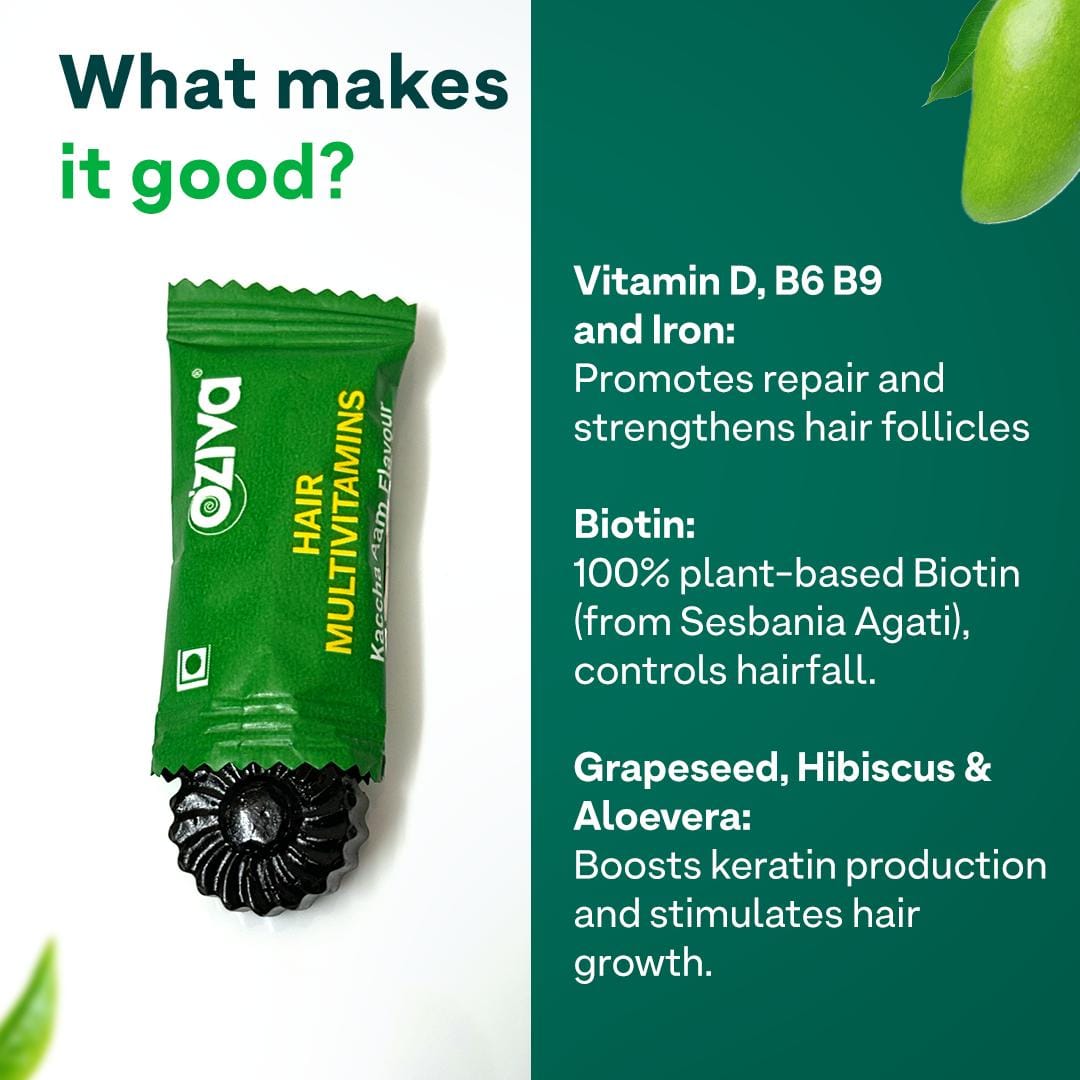 Oziva Biotin Hair Multivitamins Gummies, Raw Mango, 30 Gummies (With ...