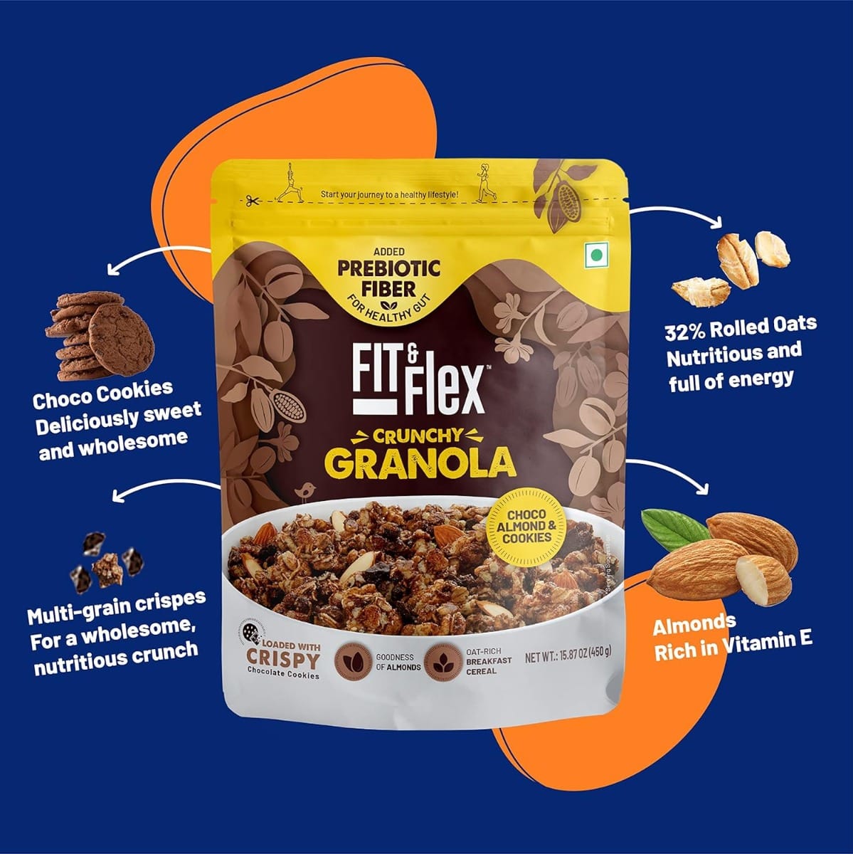 Fit And Flex Baked Granola Breakfast Cereal - Choco Almond & Cookies - 450g