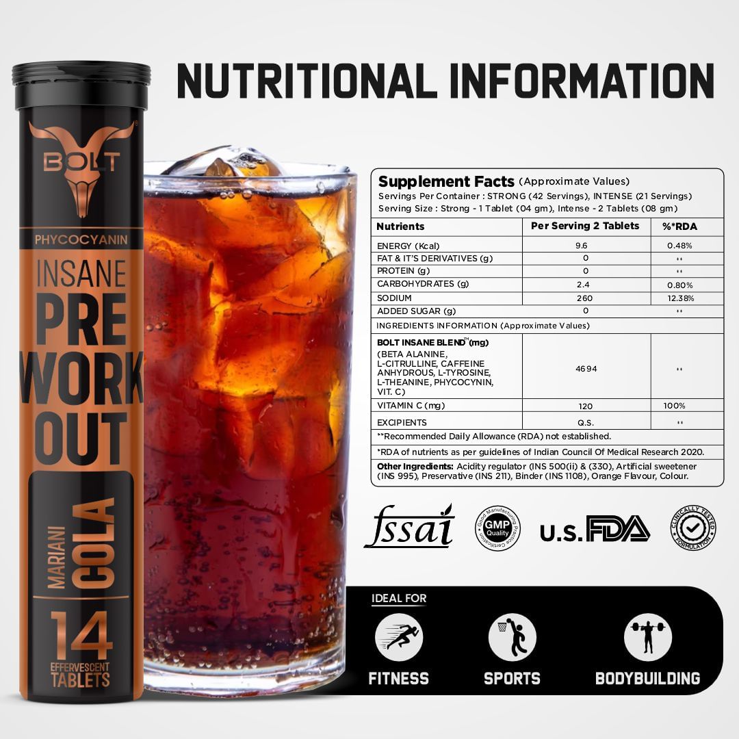 Bolt Insane Pre-Workout Effervescent Tablets | Mariani Cola | 14 ...
