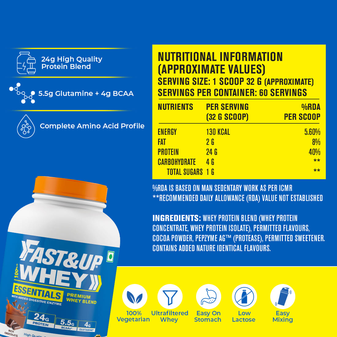 Fast & Up Whey Essentials, Isolate + Concentrate Whey – 60 Servings ...