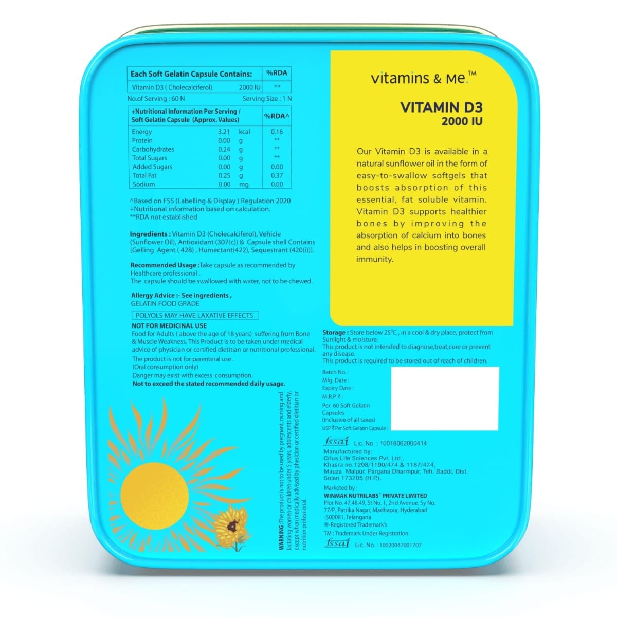 Vitamins & Me Vitamin D3 (2000 IU), with Sunflower Oil for Men & Women ...