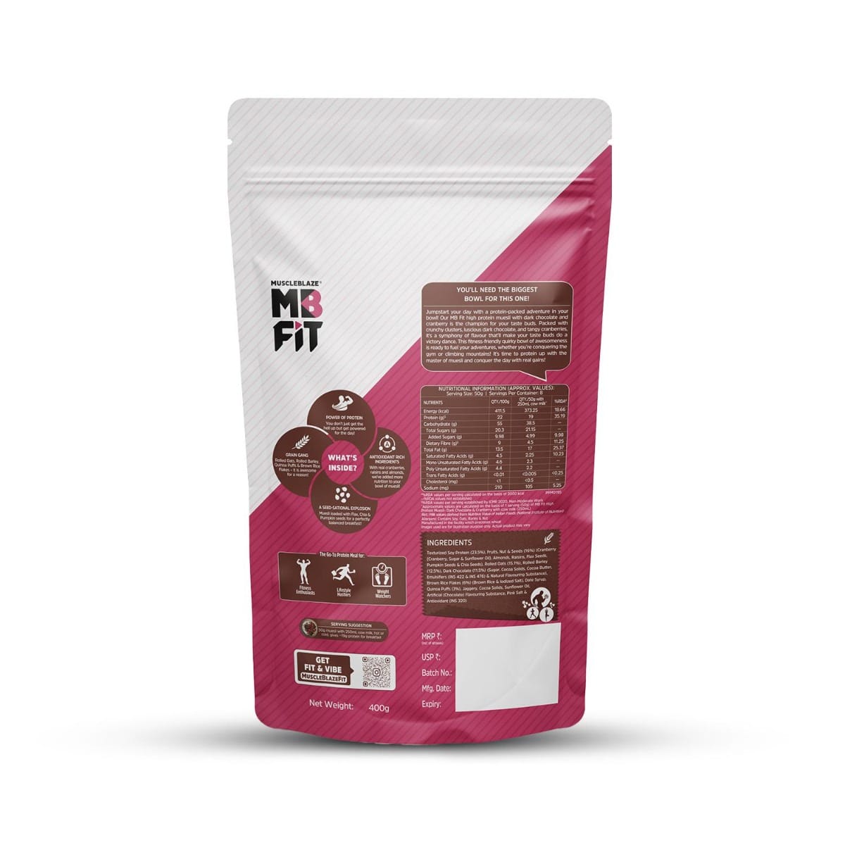 MuscleBlaze MB High Protein Muesli, Dark Chocolate & Cranberry, 22 g ...