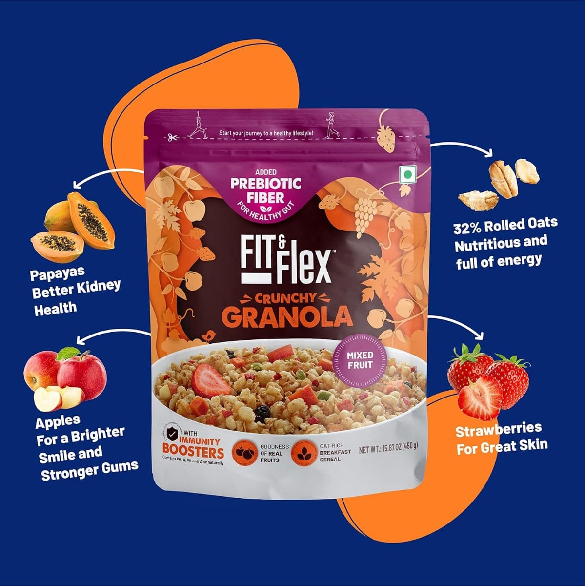 Fit And Flex Baked Granola Breakfast Cereal - Mixed Fruit - 450g