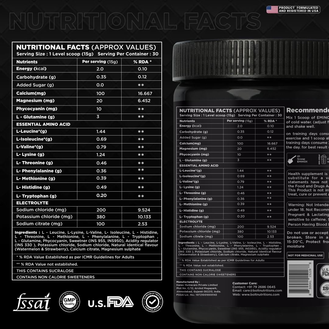 Bolt Eminox Optimal Essential Aminos 450g | Watermelon Strawberry | 30 ...