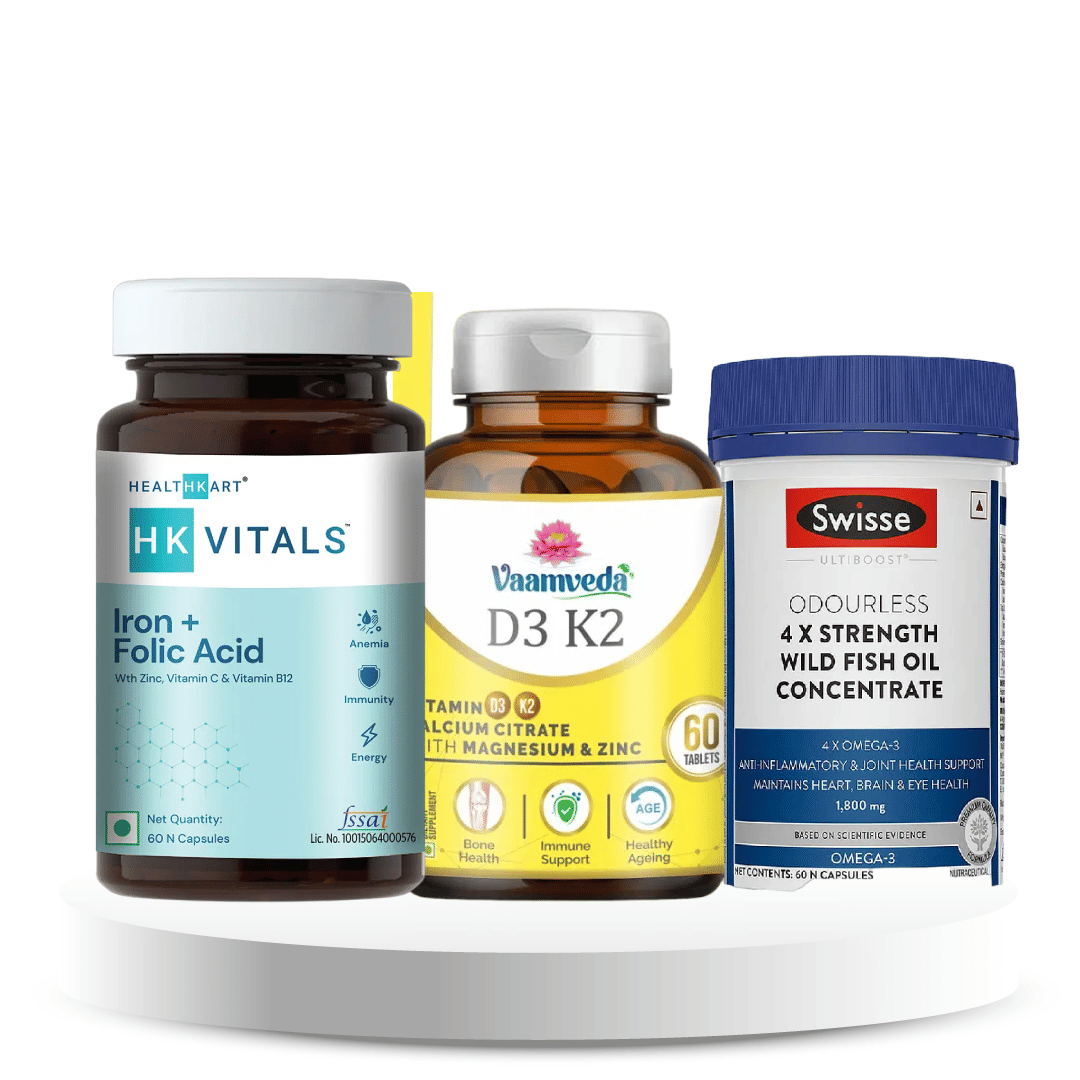 Her Wellness Shield: Bone + Blood (Fish Oil + Vit D3 & K2 + Iron ...