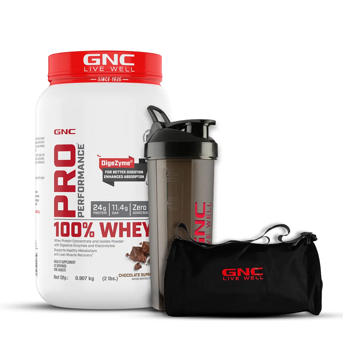 GNC 100% Whey Protein Powder, Gym Bag, Black Plastic Shaker Trio ...