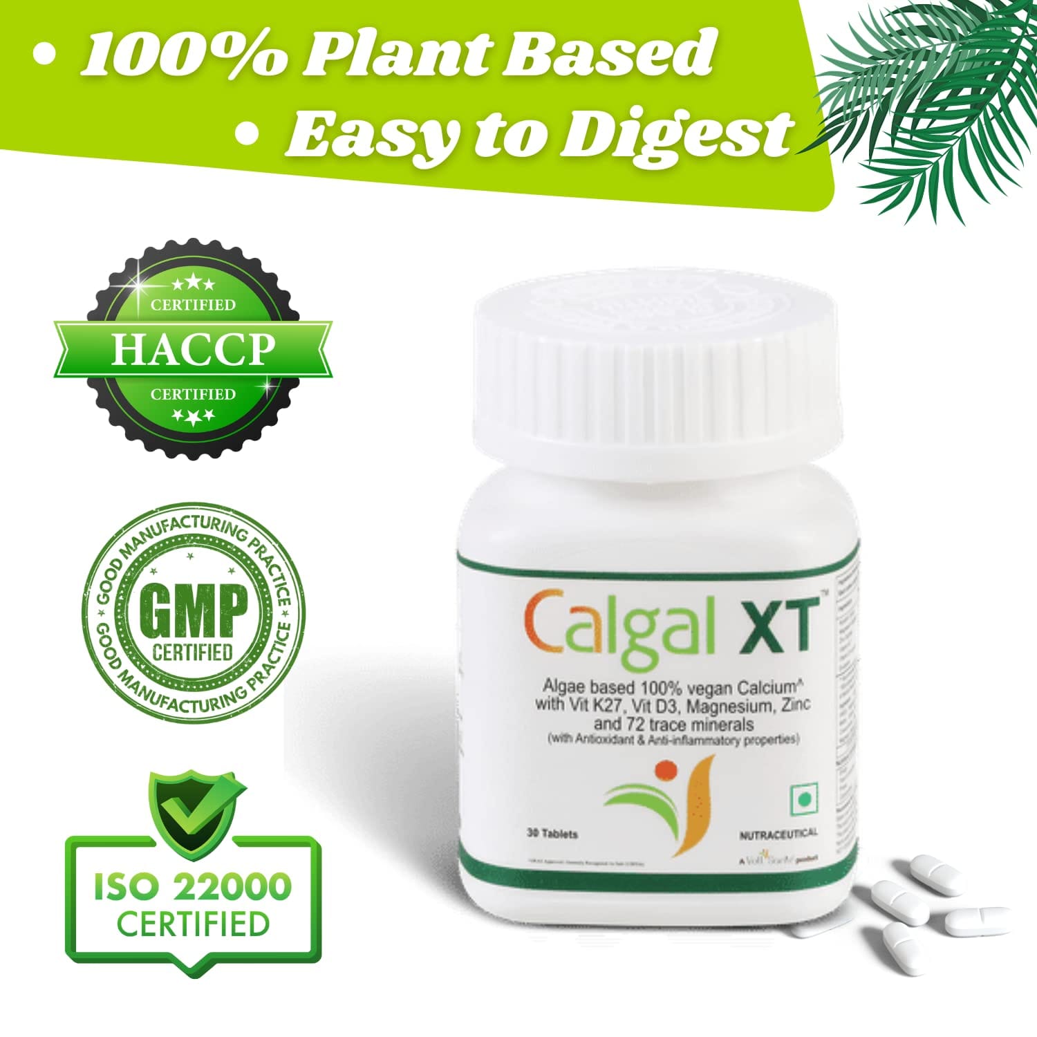 Plant Based Calcium Supplement- Calgal XT with Vitamin K2-7, Vitamin D3 ...