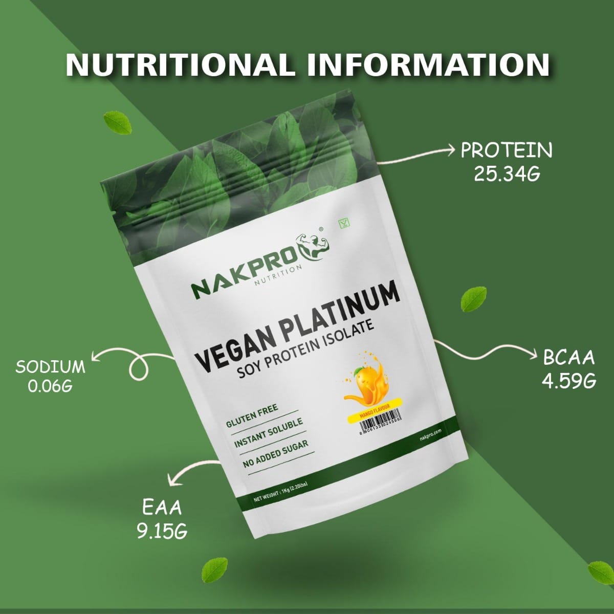 NAKPRO 100% Soy Protein Isolate, Mango - 1kg | 25.3g Protein, 4.6g BCAA ...