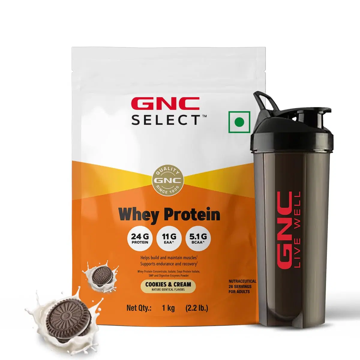 GNC 100% Whey Protein Powder With Free Shaker | 2.2 LBS (1KG) | Cookies ...
