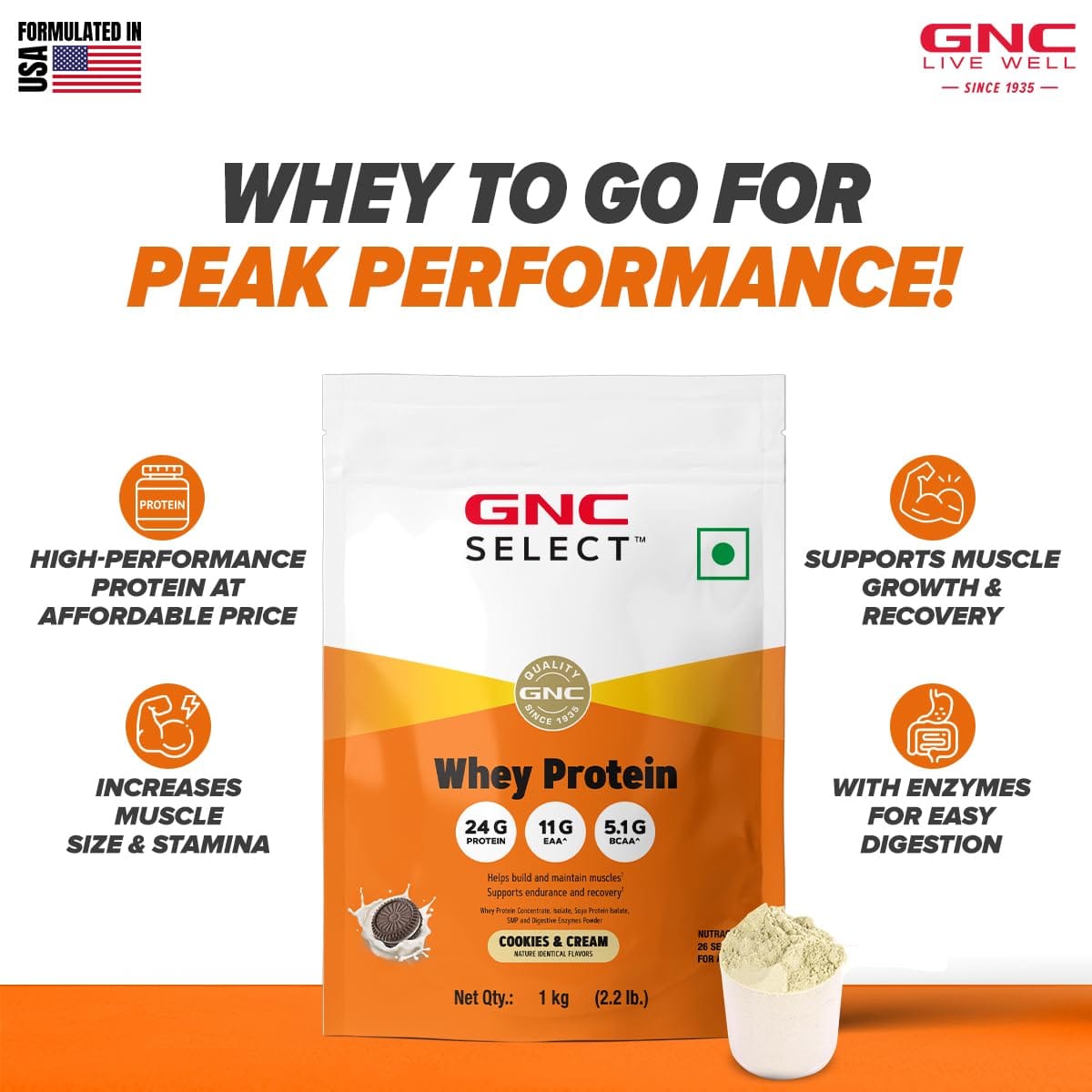 GNC 100% Whey Protein Powder With Free Shaker | 2.2 LBS (1KG) | Cookies ...