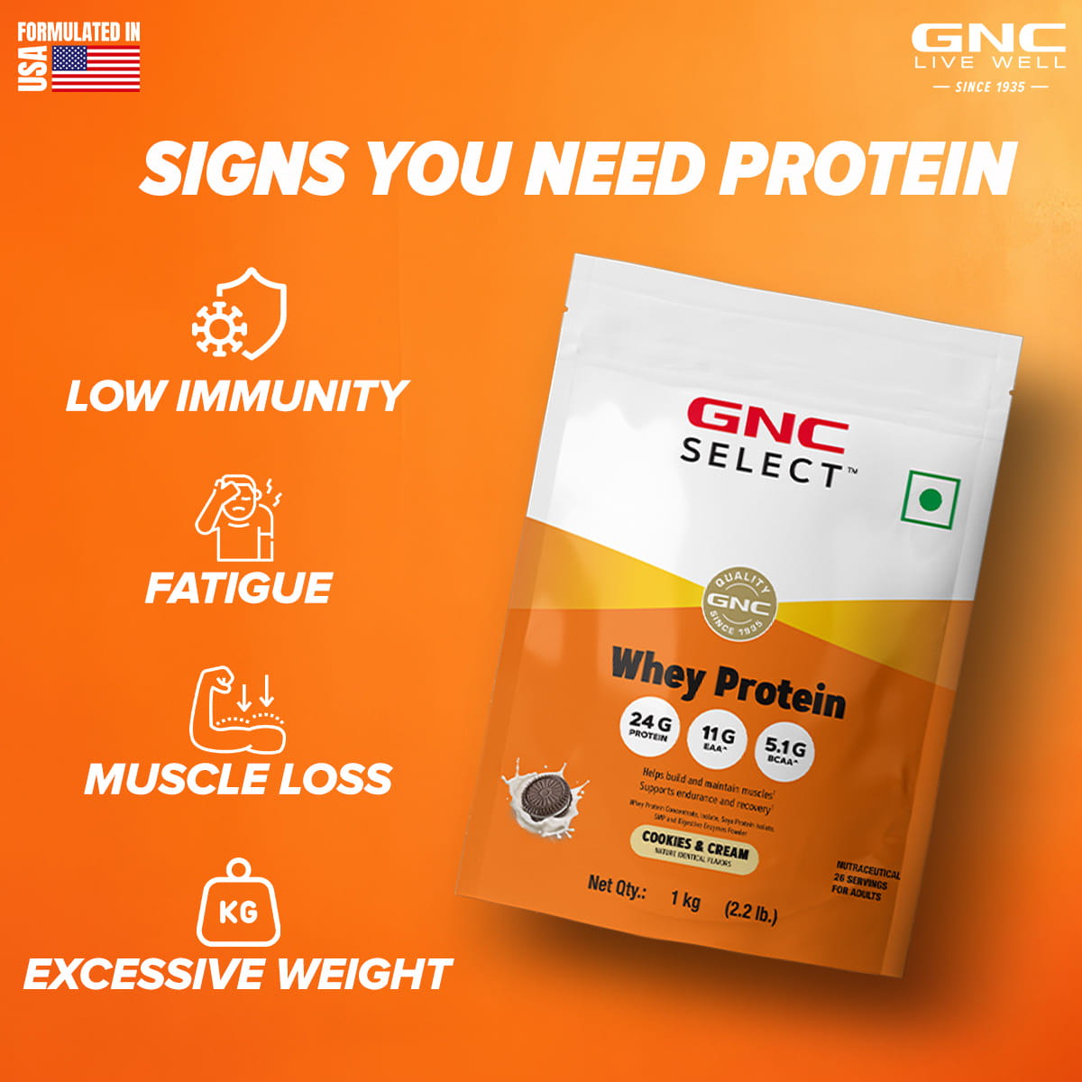 GNC 100% Whey Protein Powder With Free Shaker | 2.2 LBS (1KG) | Cookies ...