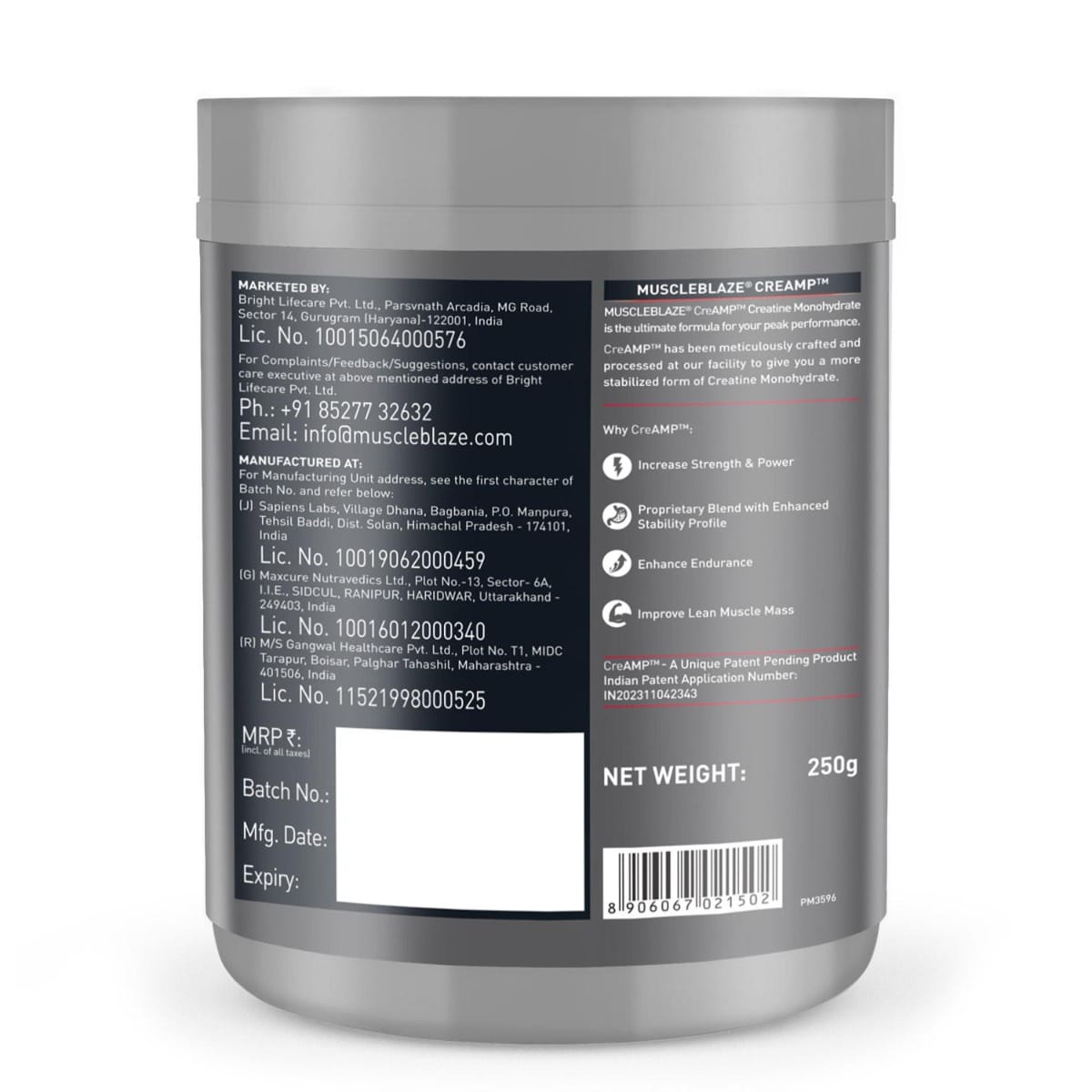 MuscleBlaze MB Creatine Monohydrate 250g | 83 Servings | Unflavoured | Strength | Lean Muscle Mass