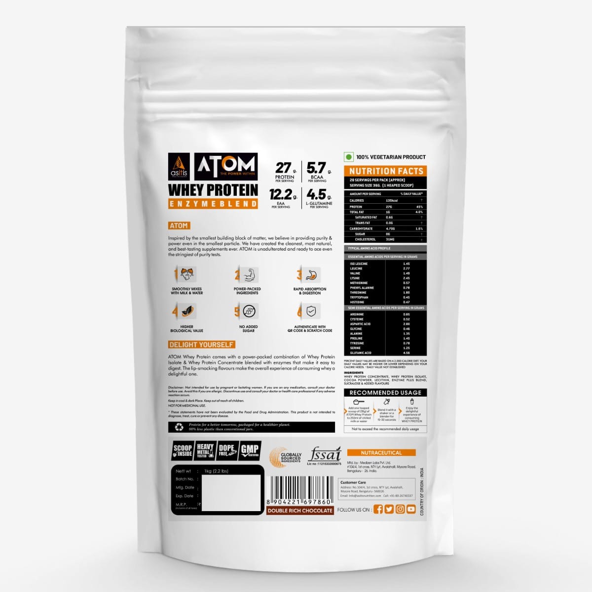 AS-IT-IS ATOM Whey Protein 1kg | Double rich chocolate | 27g protein ...