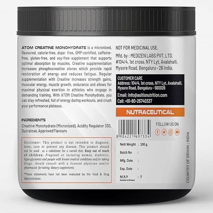 AS-IT-IS Nutrition ATOM Creatine Monohydrate (100g Powder, 32 Servings ...