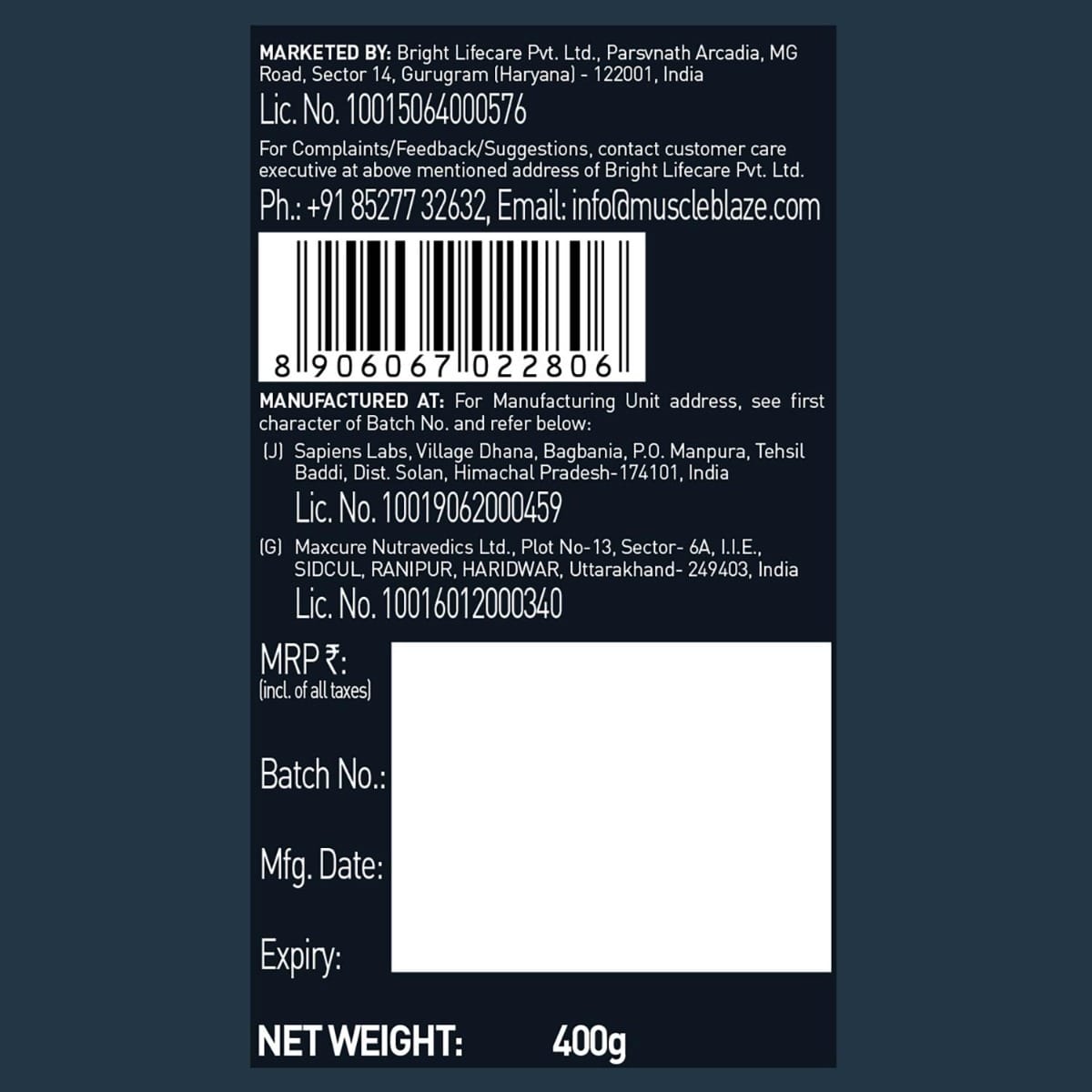 MuscleBlaze MB Creatine Monohydrate 400g | 133 Servings | Unflavoured ...