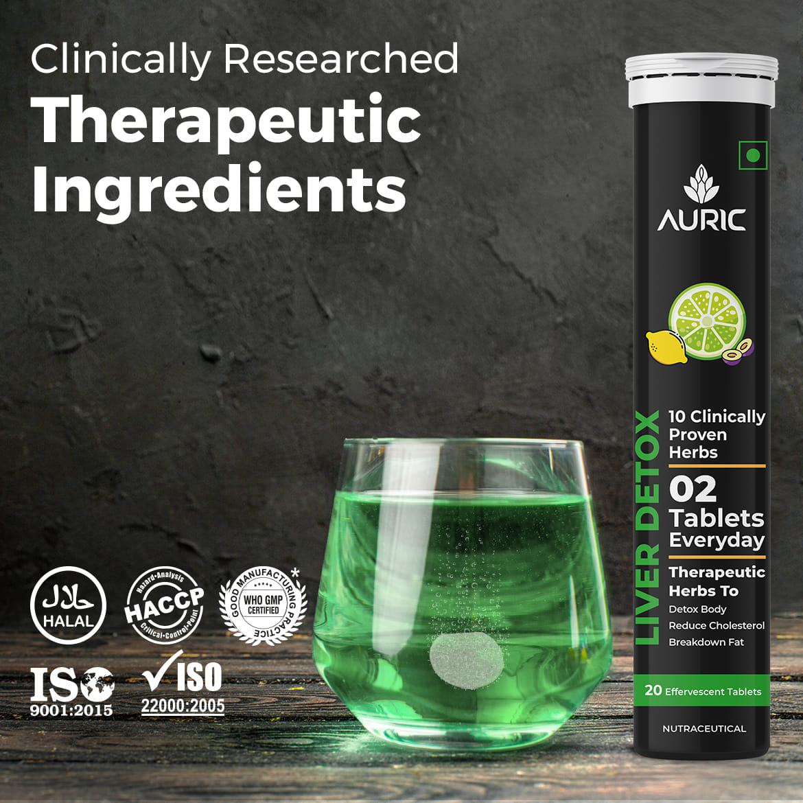 Auric Liver Detox Effervescents | 20 Tablets x 4 | 10 Ayurvedic Herbs | Drop, Dissolve, Fizz & Drink