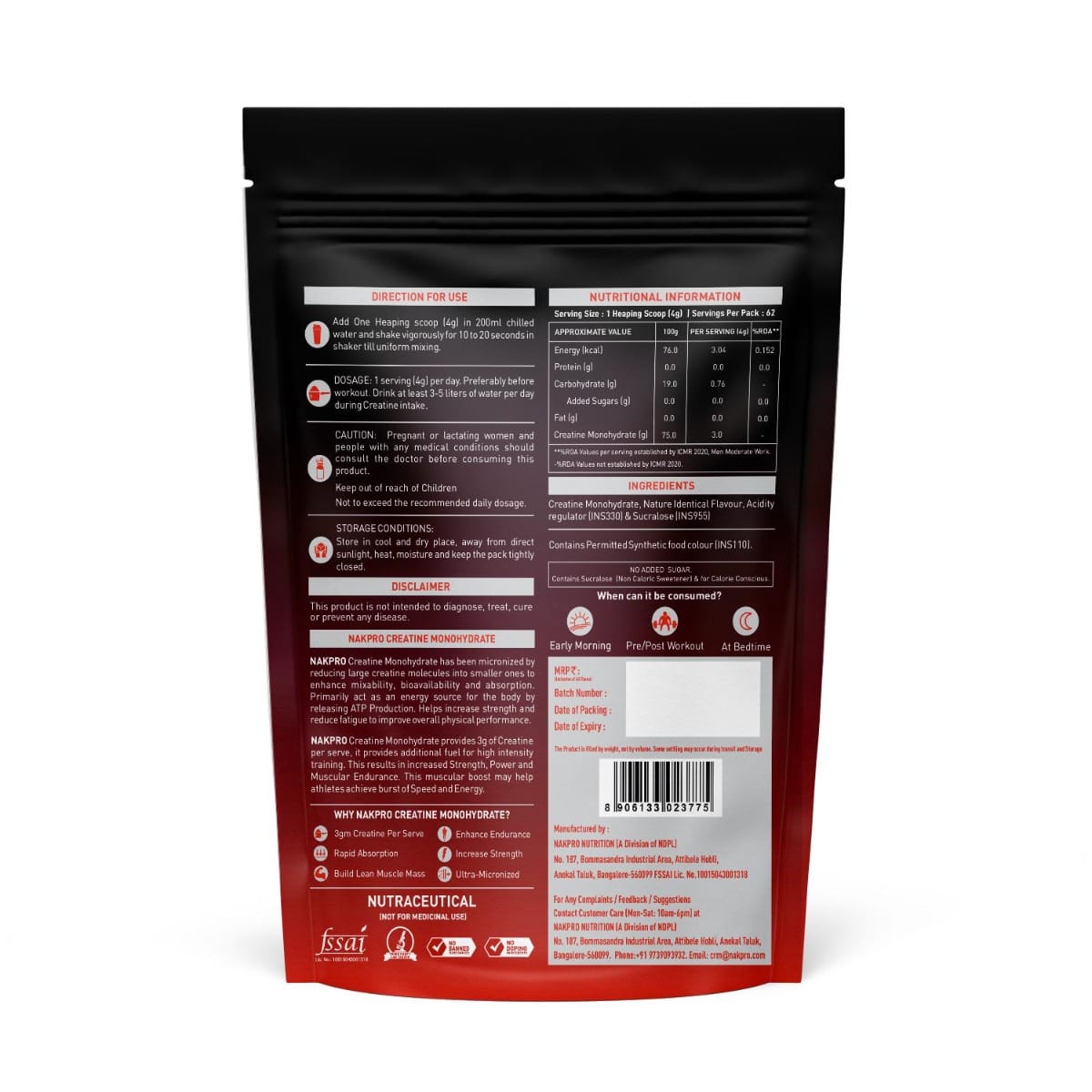NAKPRO Micronised Creatine Monohydrate Powder (250g, Tangy Orange) | 3g ...