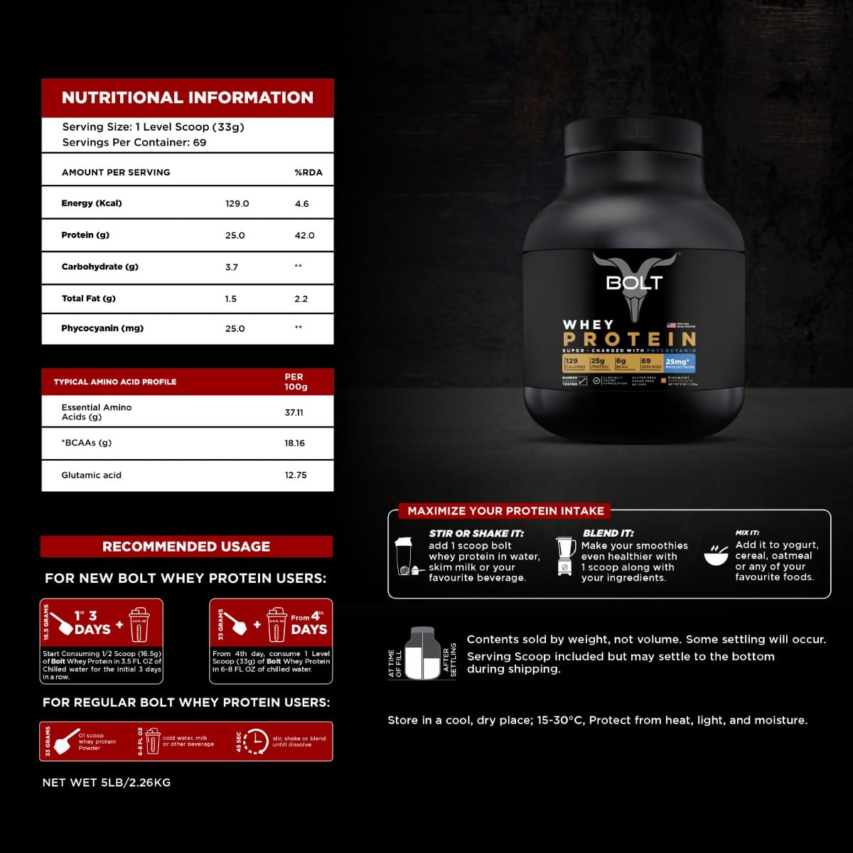 Bolt Whey Protein 2.26kg | Piedmont Chocolate | 69 Servings | 25g ...