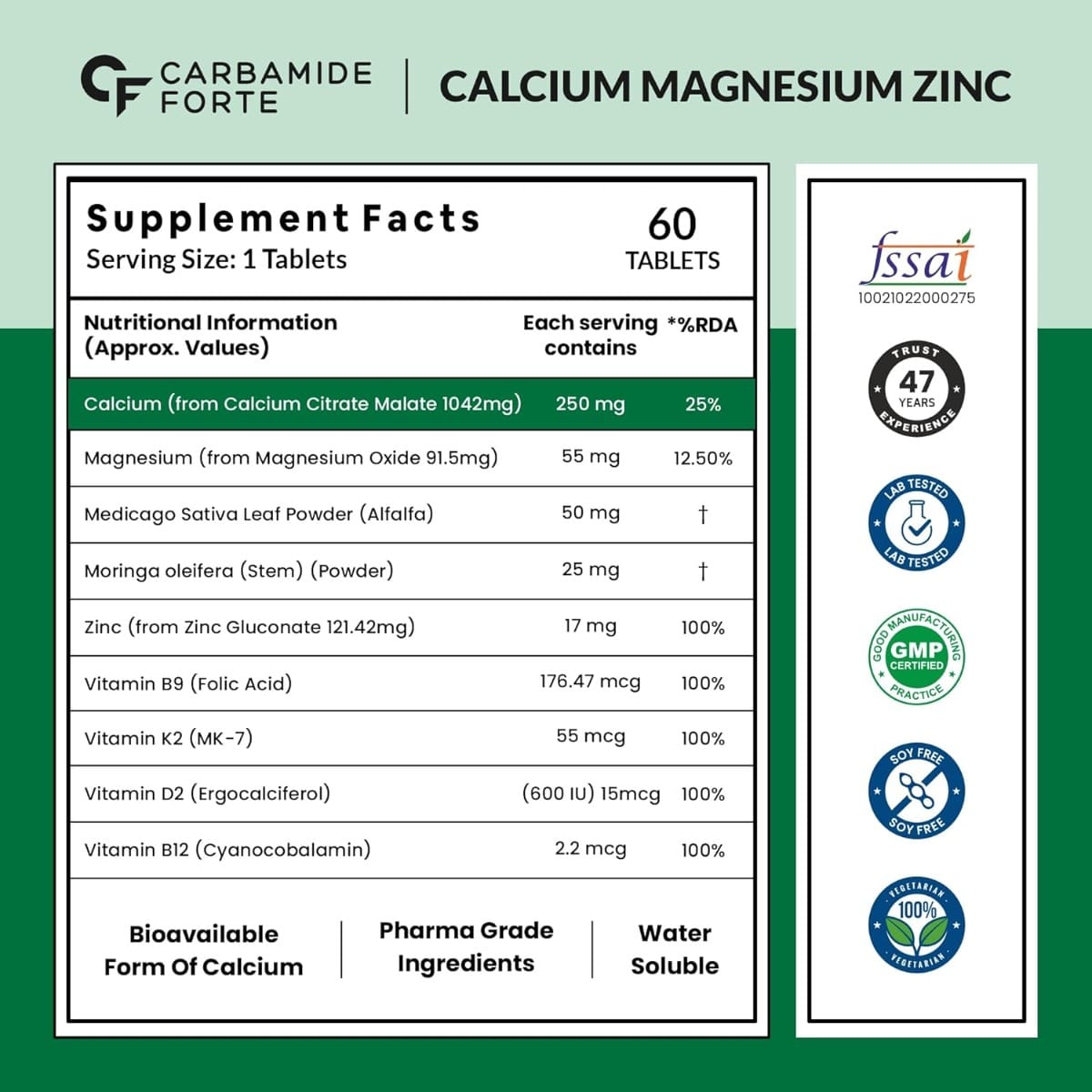 Carbamide Forte Calcium Magnesium + Zinc | 60 Veg Tablets | Bones ...