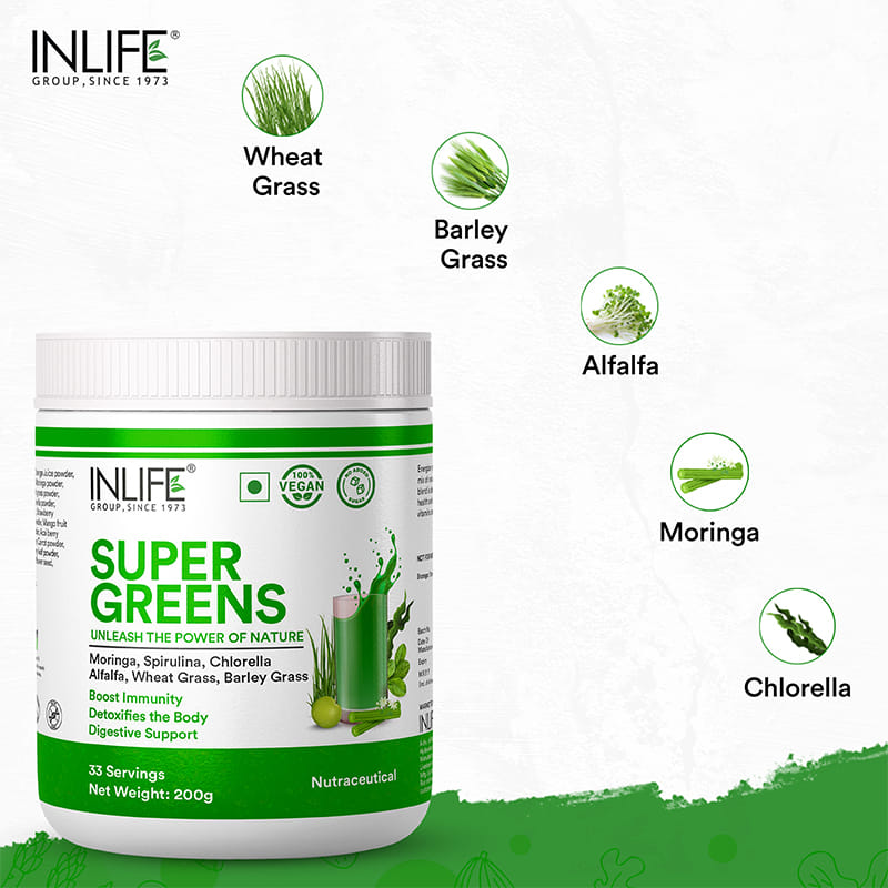 INLIFE Super Greens Powder Supplement | Moringa, Spirulina, Chlorella ...