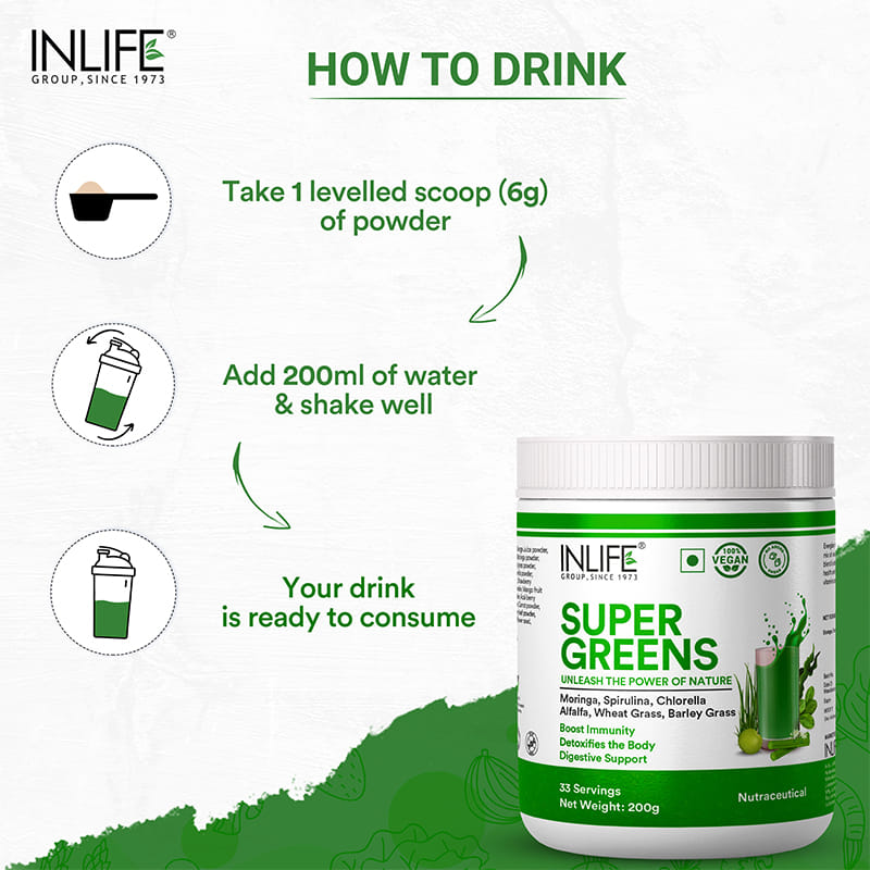 INLIFE Super Greens Powder Supplement | Moringa, Spirulina, Chlorella ...
