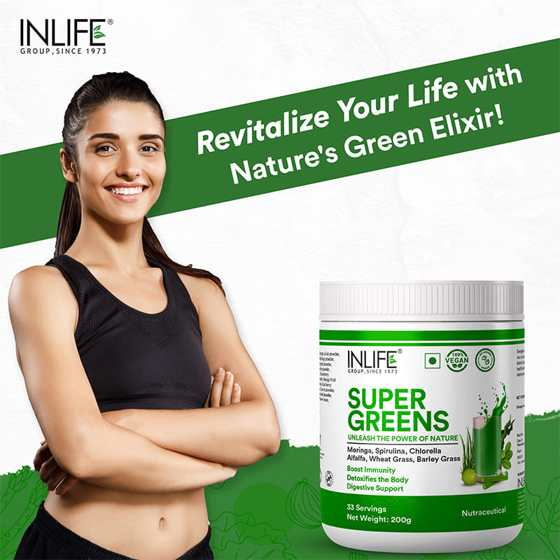 INLIFE Super Greens Powder Supplement | Moringa, Spirulina, Chlorella ...