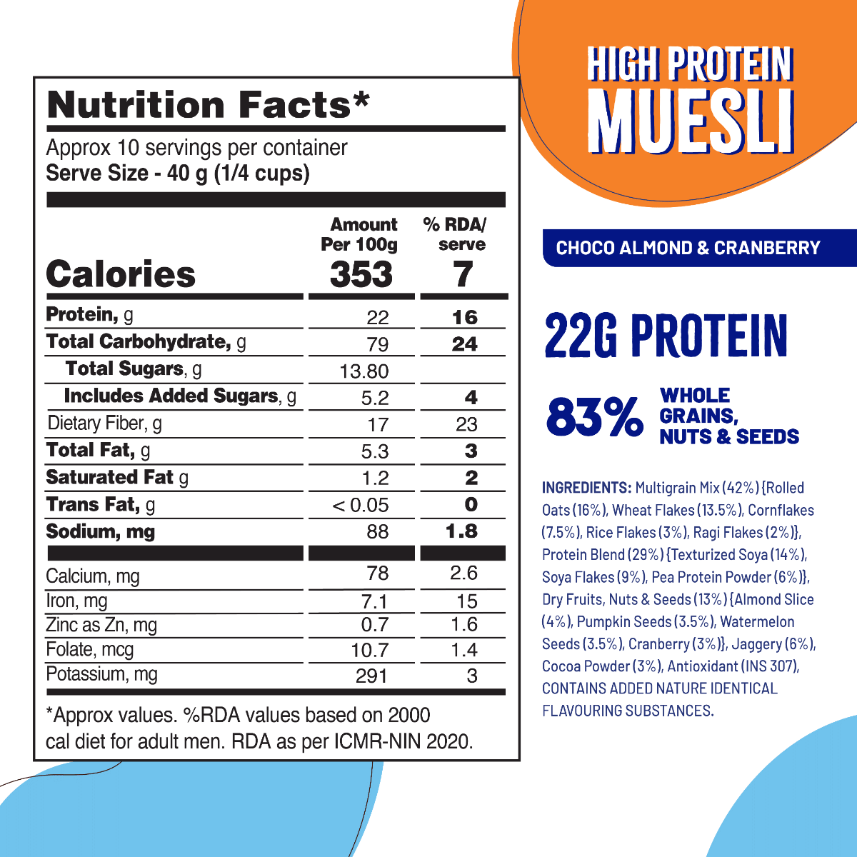 Fit & Flex High Protein Muesli 400g, 22g Protein, Choco Almond ...