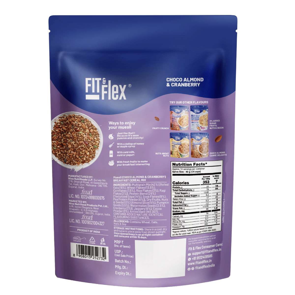 Fit & Flex High Protein Muesli 400g, 22g Protein, Choco Almond ...