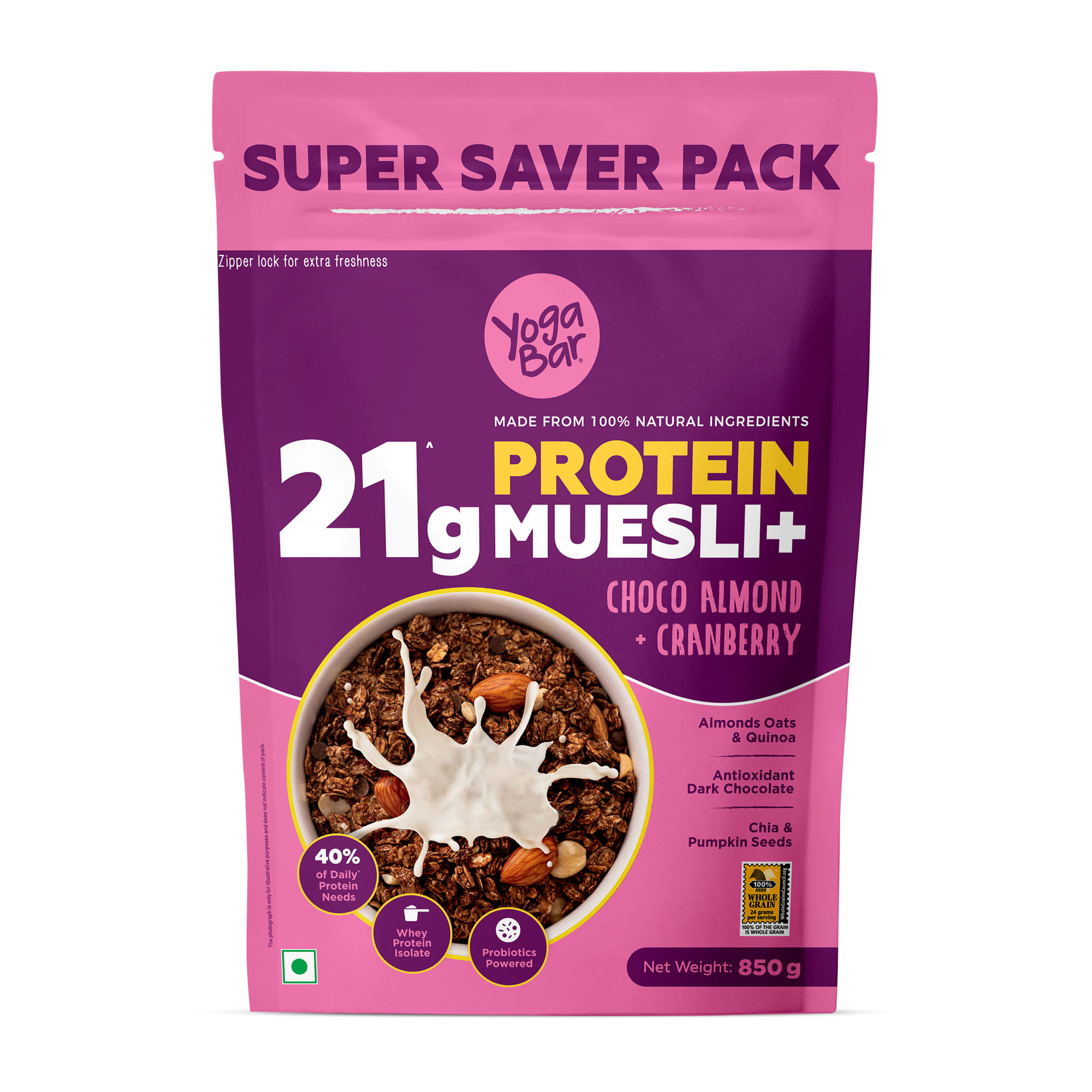 Yogabar Whey Protein Muesli Choco Almond & Cranberry 21g High Protein ...