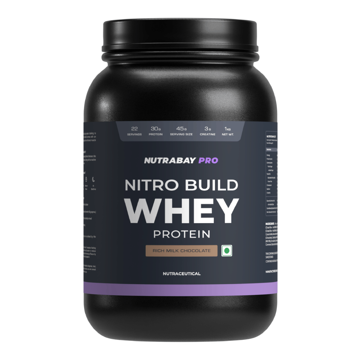 Nutrabay Pro Nitro Build Whey Protein - 1Kg, Rich Milk Chocolate - 22 ...