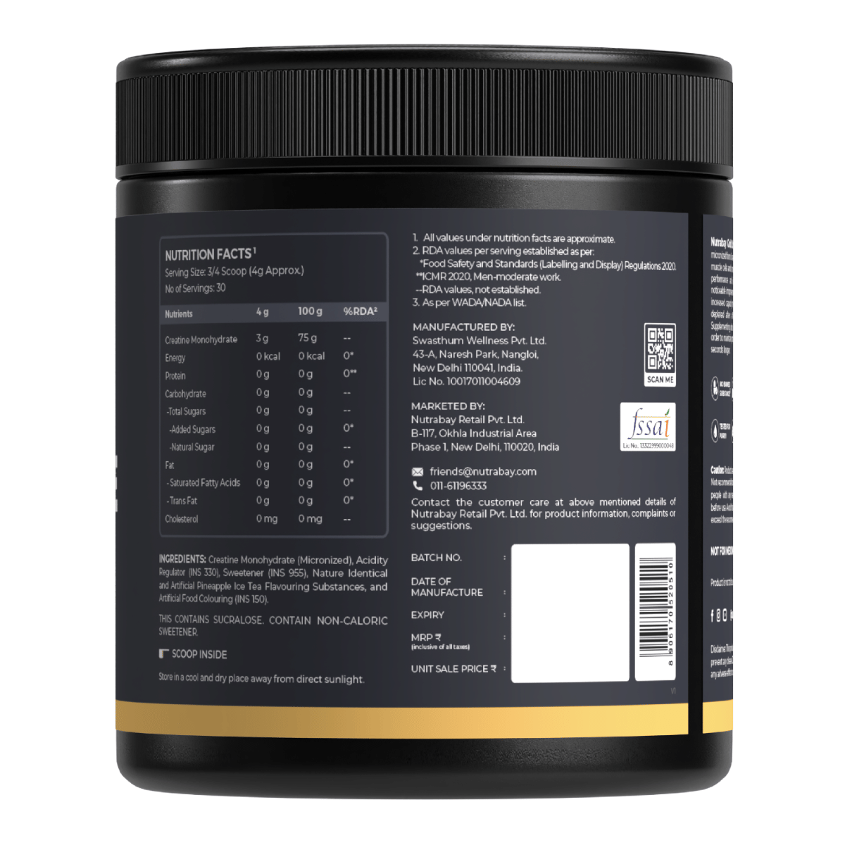 Nutrabay Gold Micronised Creatine Monohydrate Powder - 120g, Pineapple ...