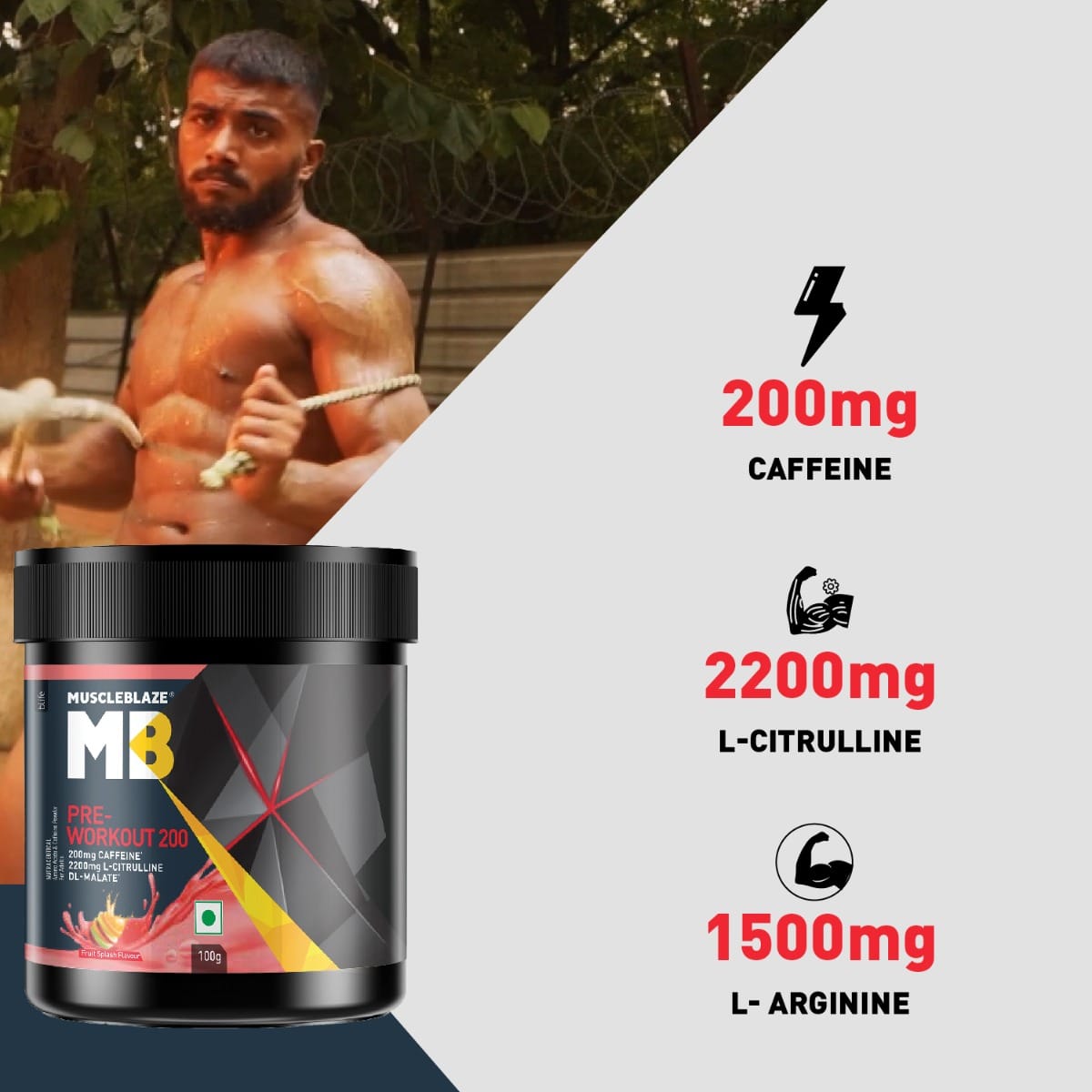 MuscleBlaze MB Pre Workout 200 100g | 20 servings | Fruit Splash ...