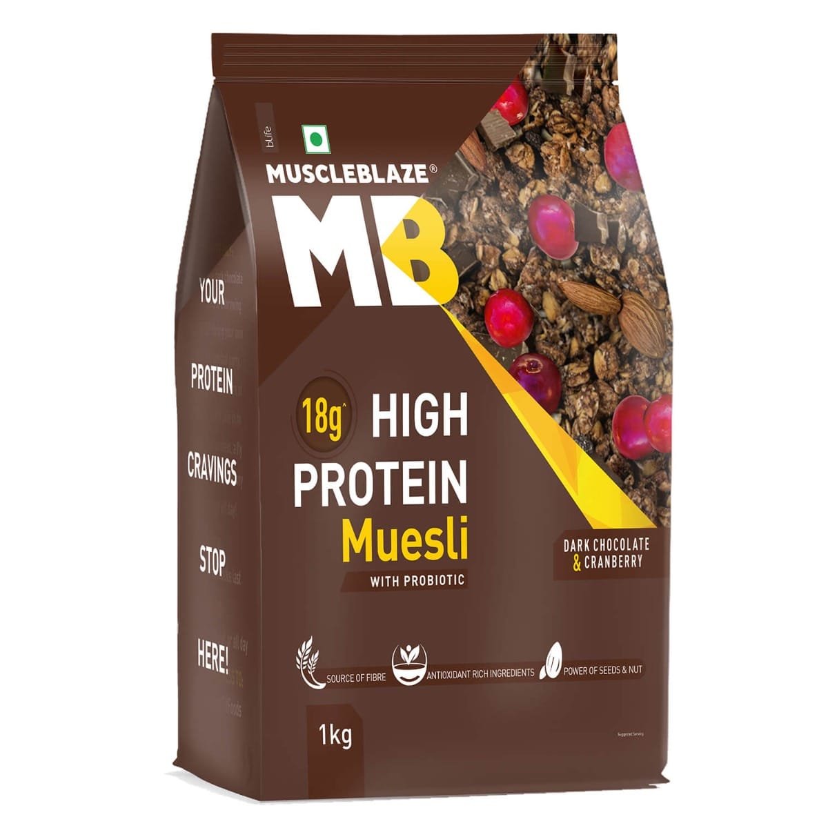 MuscleBlaze High Protein Muesli, Dark Chocolate & Cranberry, 18 g ...