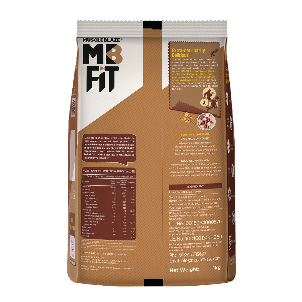 MuscleBlaze Fit Instant Oats 1 kg, Unflavoured | 12 g Protein, 100% ...