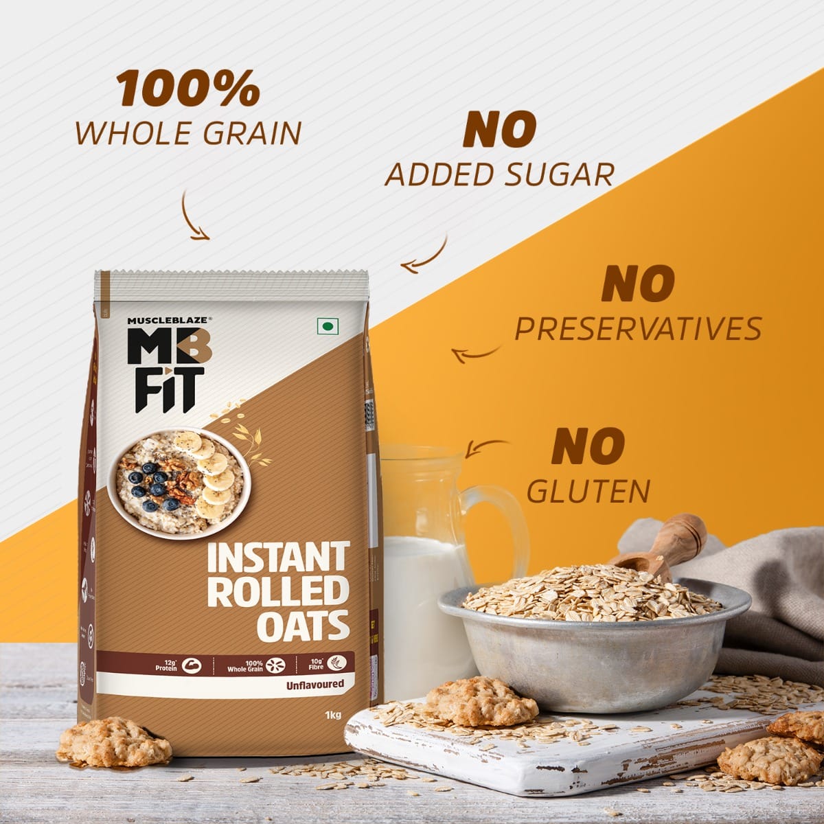 MuscleBlaze Fit Instant Oats 1 kg, Unflavoured | 12 g Protein, 100% ...