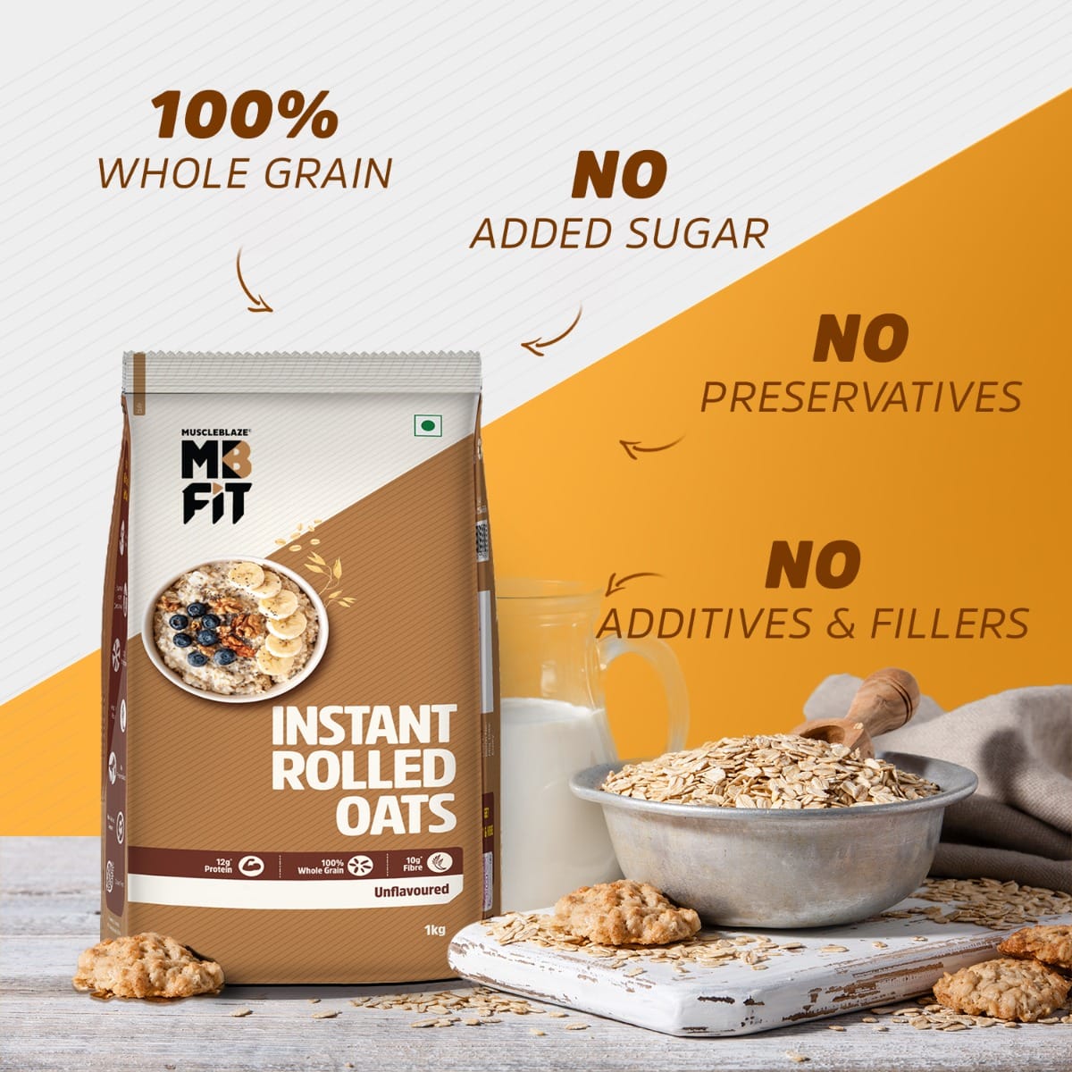 MuscleBlaze Fit Instant Oats 1 kg, Unflavoured | 12 g Protein, 100% ...