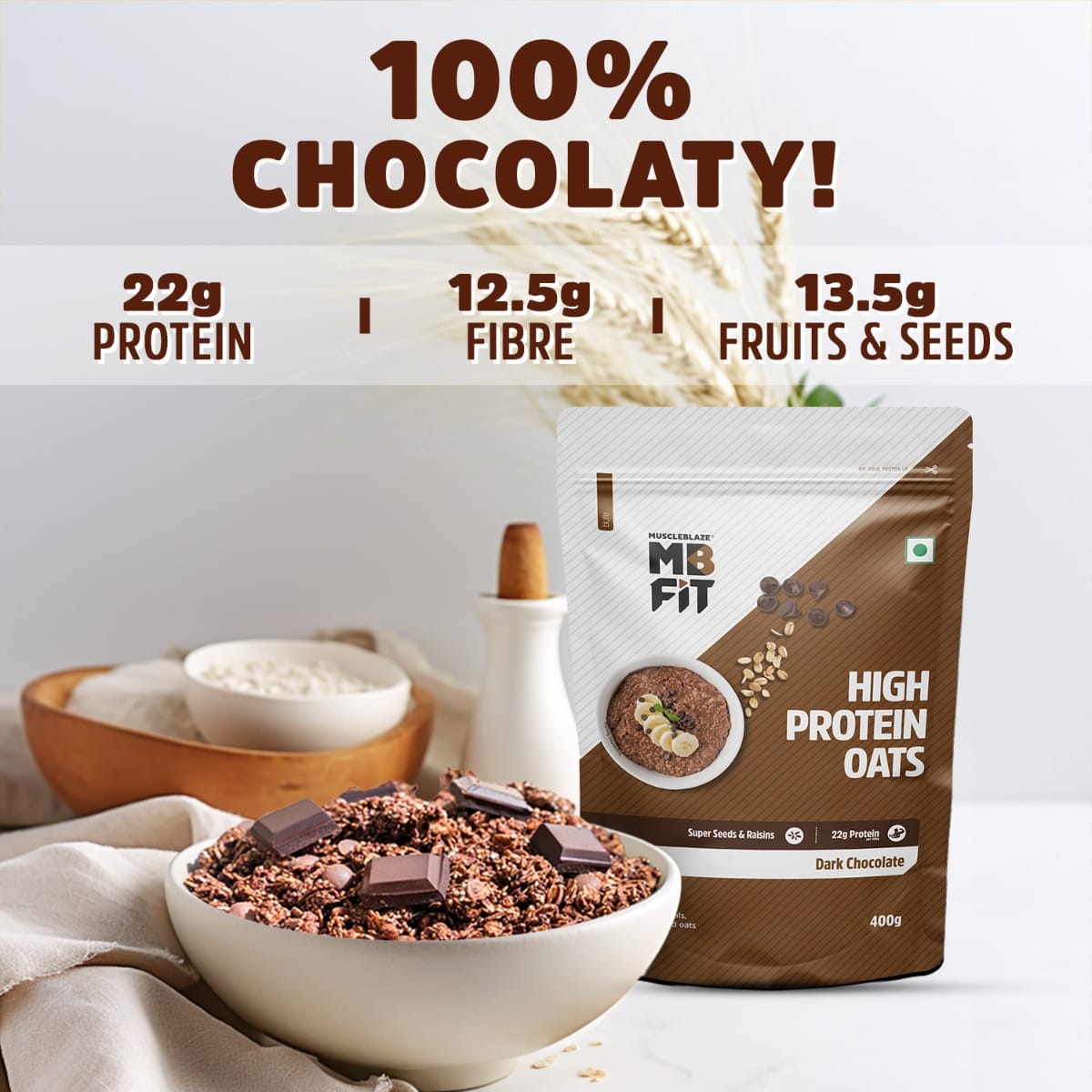 MuscleBlaze Fit High Protein Oats, 400 g, Dark Chocolate | 22 g Protein ...